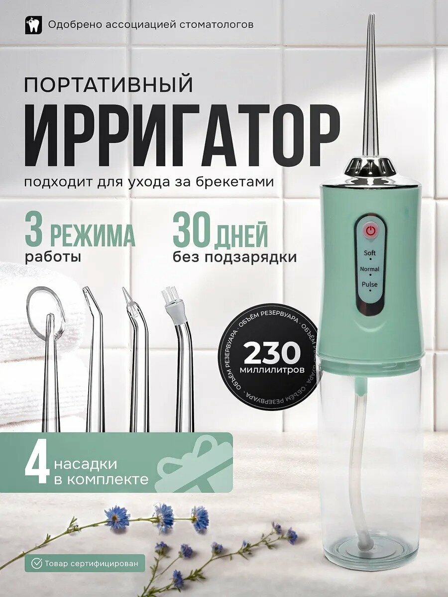 Ирригатор для чистки полости рта и зубов портативный в комплекте набор насадок, зарядный кабель USB