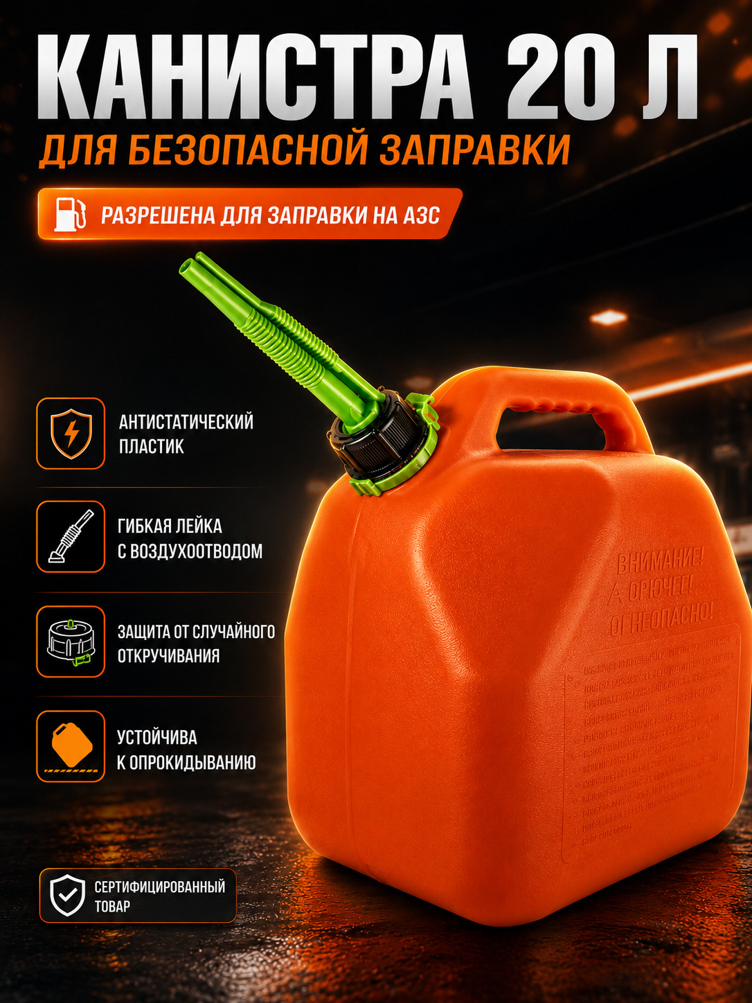 Канистра для бензина 20 л пластиковая с лейкой для АЗС