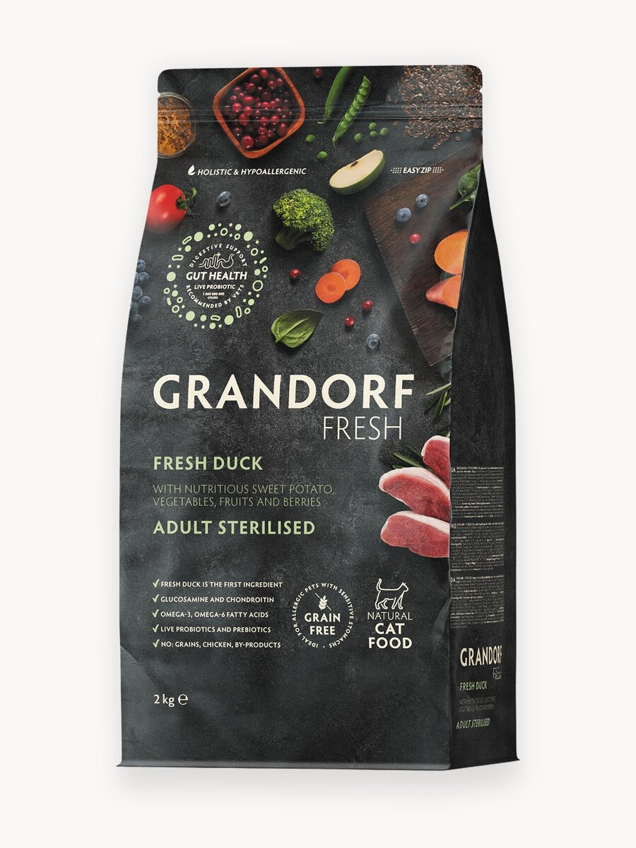 Сухой корм Grandorf Fresh Cat Sterilised беззерновой для стерилизованных кошек Утка с бататом, 2 кг.