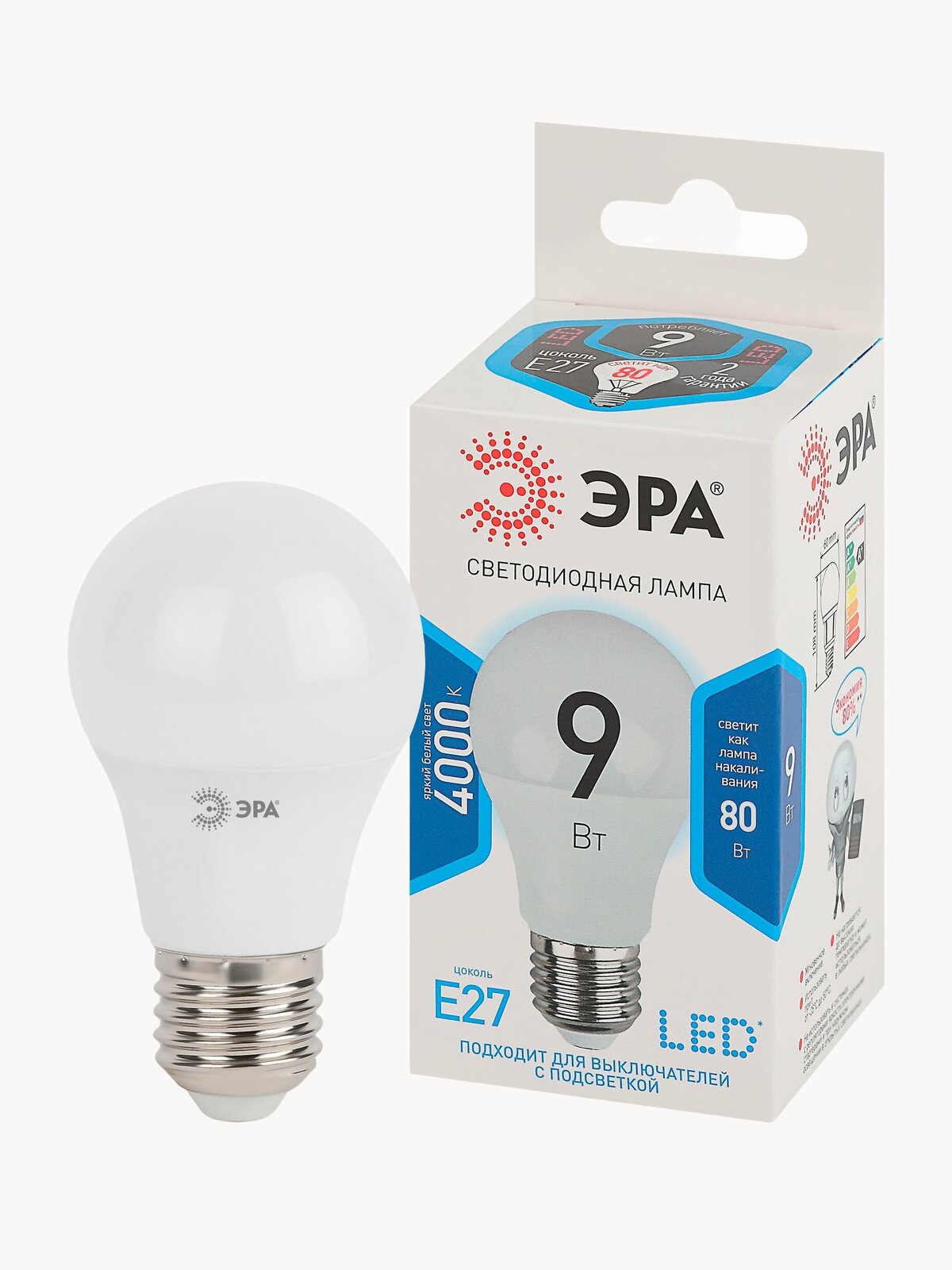Лампочка светодиодная ЭРА LED Е27 A60 9Вт груша 4000К нейтральный белый свет, 1 шт