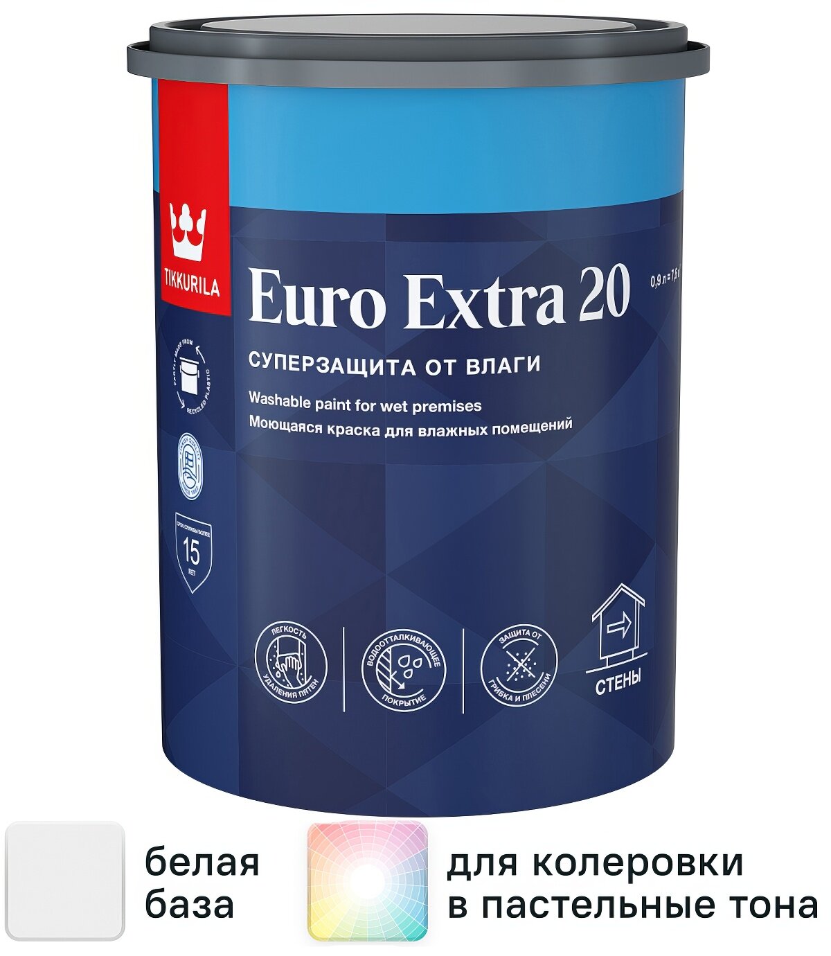 Краска для стен и потолков Tikkurila Euro-20 полуматовая цвет белый база А 0.9 л