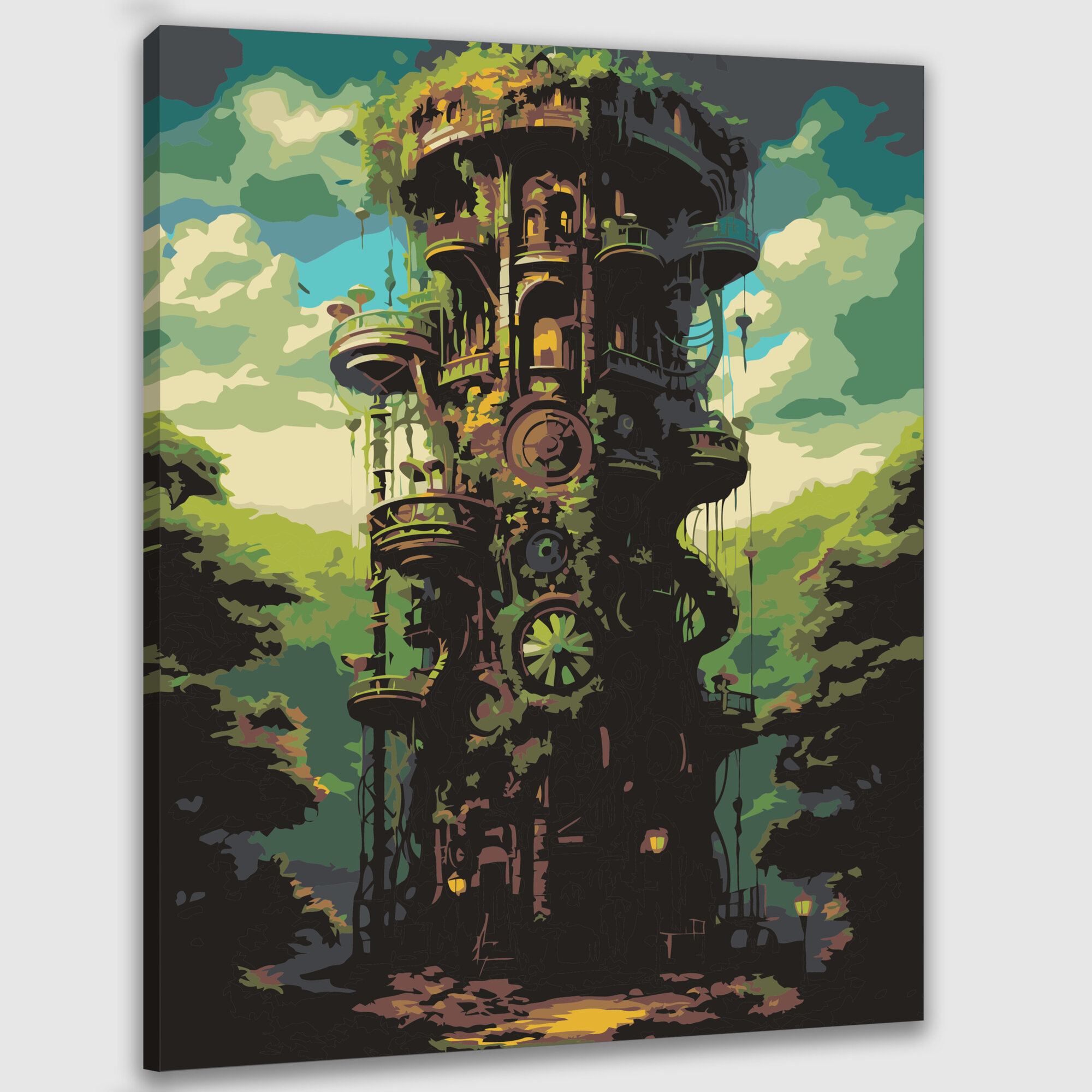 Картина по номерам 40x50 см, картина, цифровая, фантастическая машина, стимпанк, пышный зеленый ландшафт, шестеренки