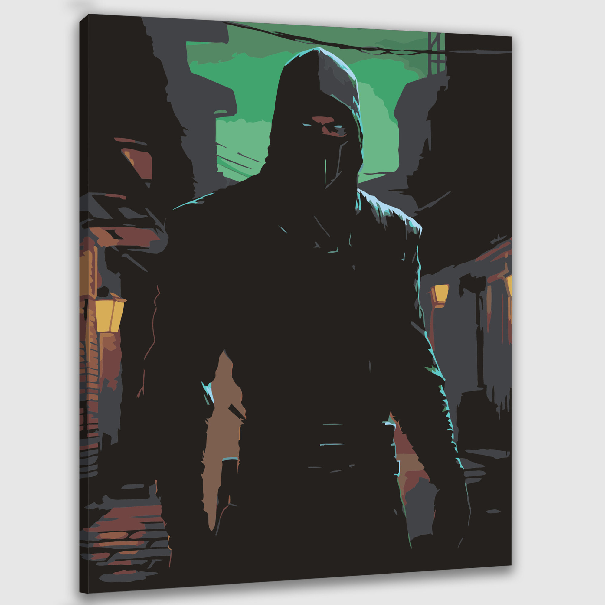 Картина по номерам 40x50 см, картина, цифровая, ниндзя, черный наряд, тени, лунный свет, городской пейзаж, взгляд, поза