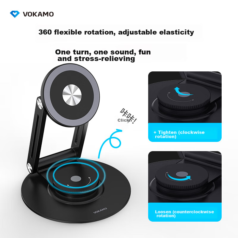 VOKAMO [Compatible with Magnetic Rings for All Phones] Magnetic Phone Stand for Huawei And Apple Phones, Office Desktop Stand for Live Streaming, Video Recording, Aluminum Alloy Rotating Folding, Black
