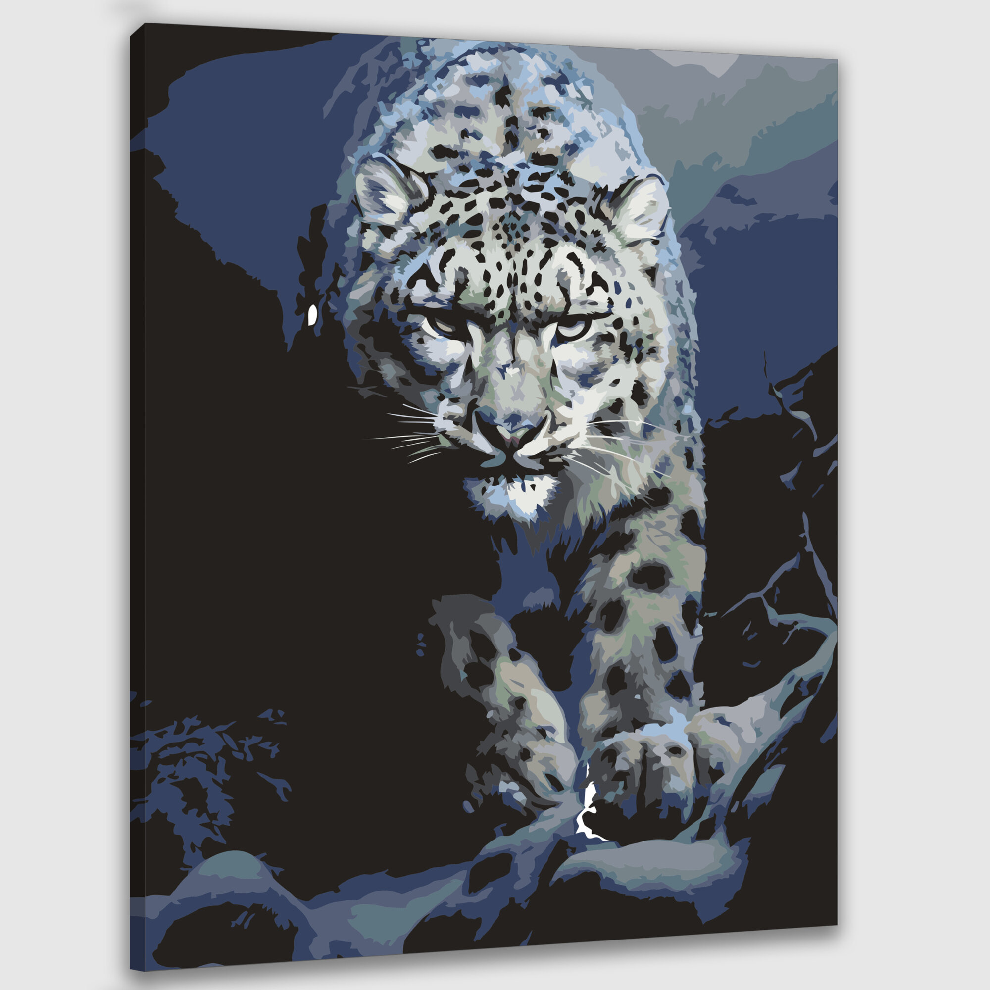 Картина по номерам 40x50 см, фотография, охотник, снежный барс, горный склон, мех, зимний пейзаж, взгляд, добыча