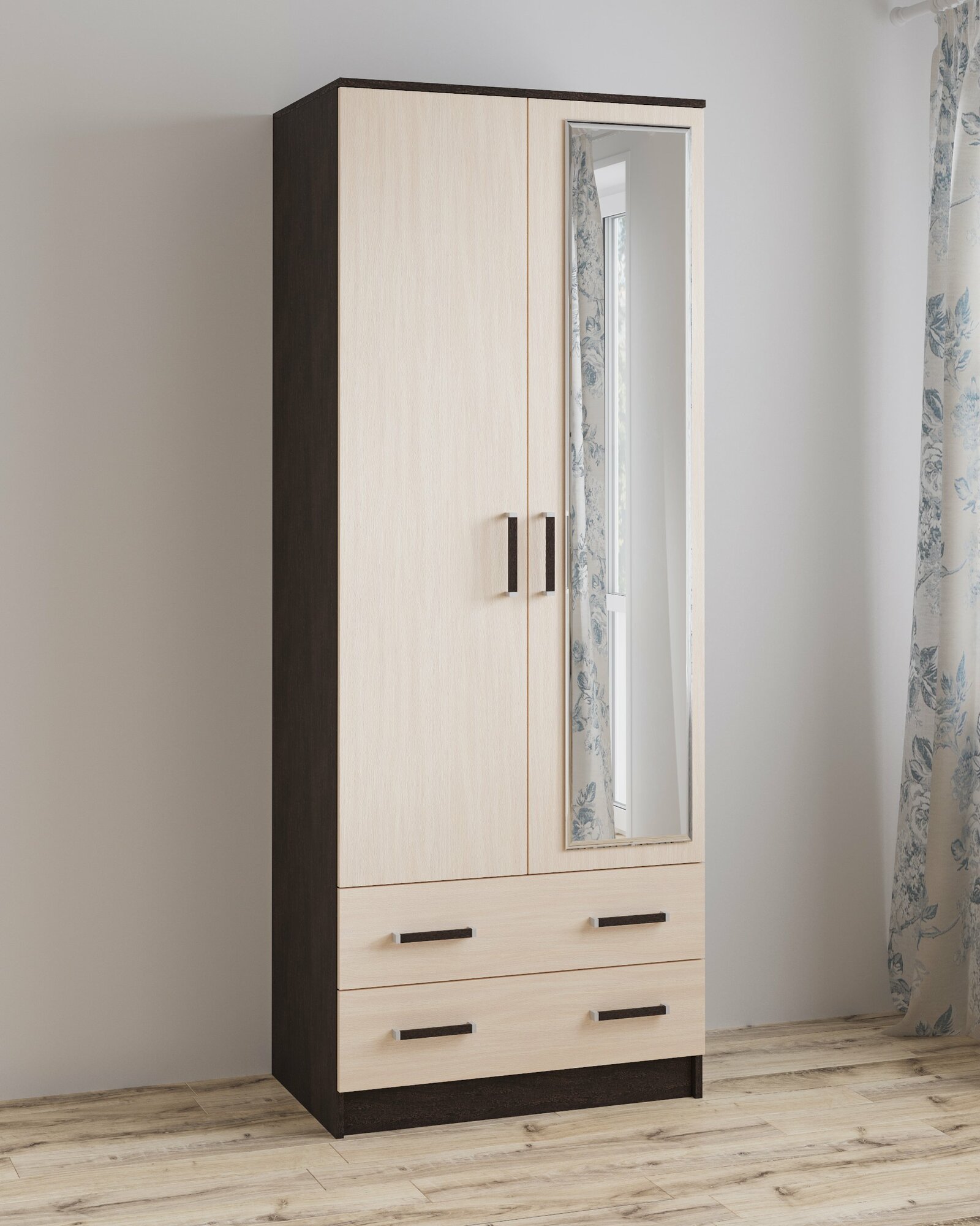 Шкаф распашной для одежды с зеркалом комбинированный Лагуна-08 210,0х80,0х51,0 см, венге/дуб молочны