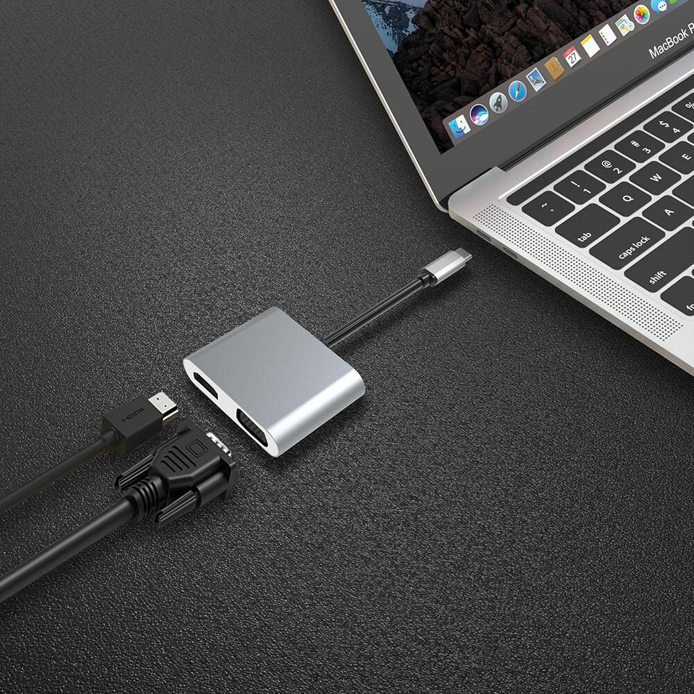 Type-C USB Hub , Разветвитель , HDMI+VGA, алюминий, серый металлик