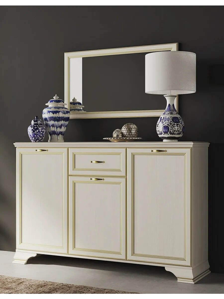 Комод для одежды Сиена с ящиком, полками, доводчиками, 139х38х91 см, Бодега белый, патина золото