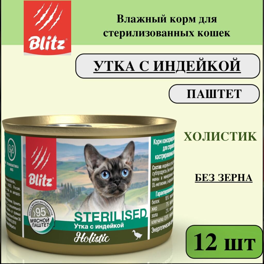 Консервированный влажный корм Blitz Утка с индейкой, мясной паштет для стерилизованных кошек , 12 шт по 200 г