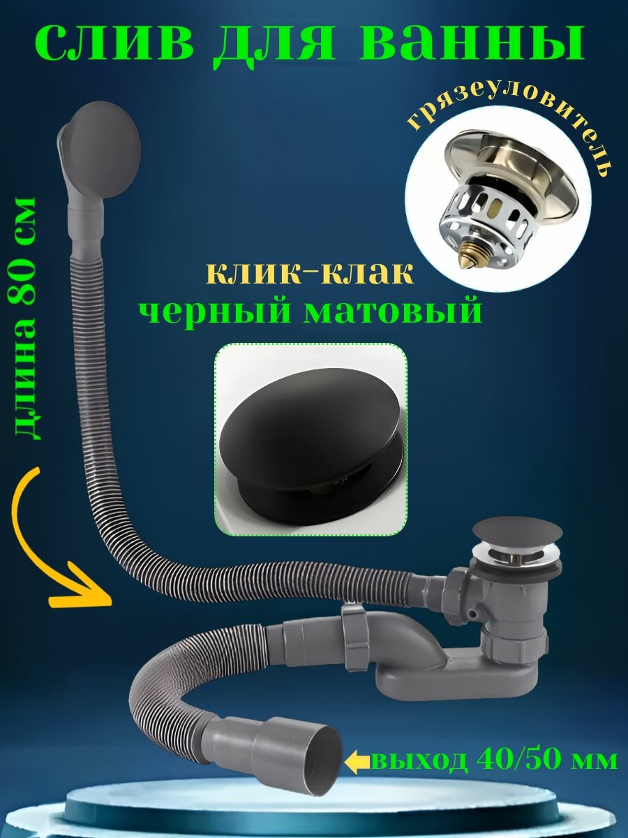 Слив перелив для ванны черный матовый клик-клак SanNeva