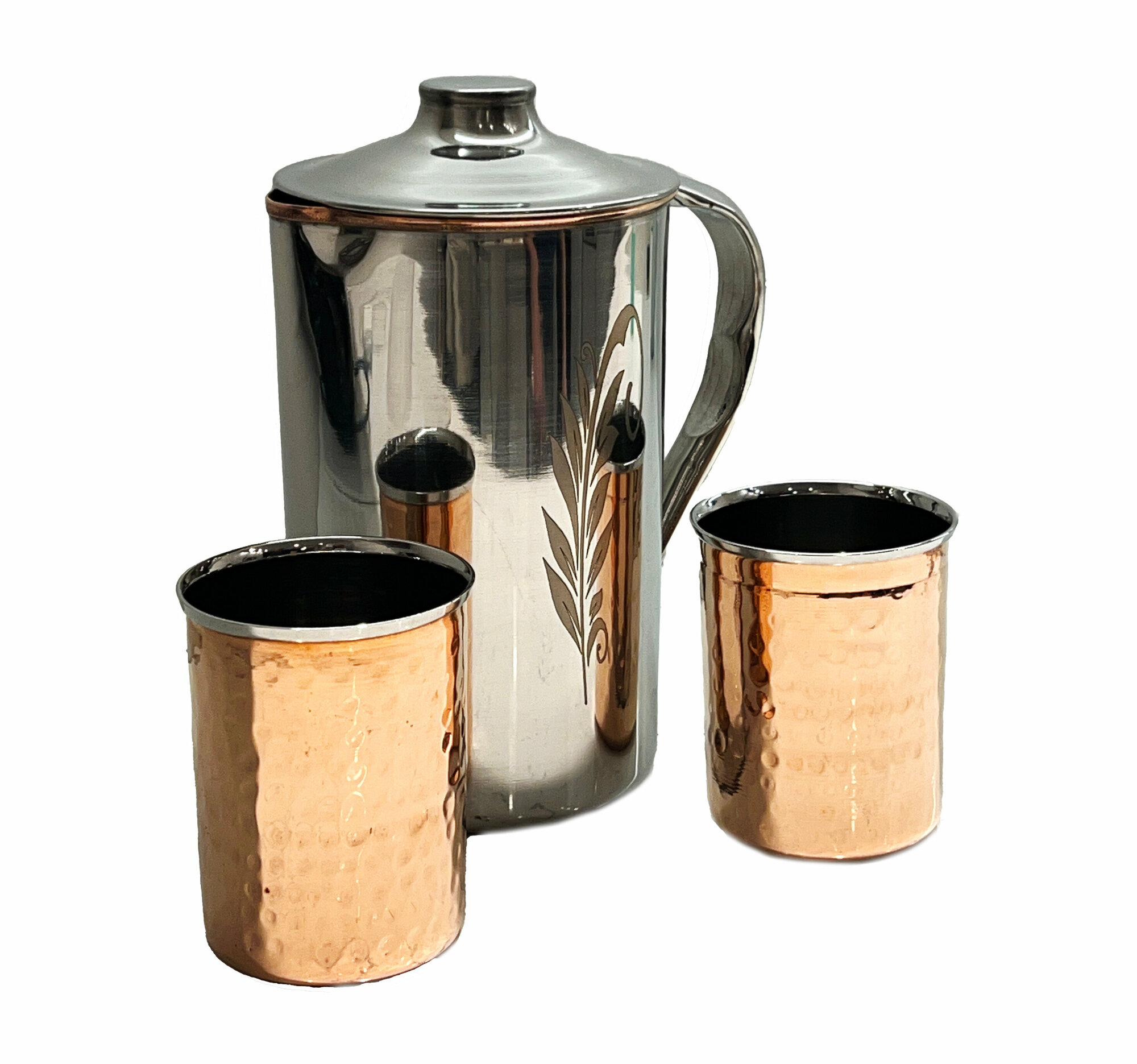 Кувшин медный с крышкой отделанный белым металлом с гравировкой и два стакана Ручная работа.