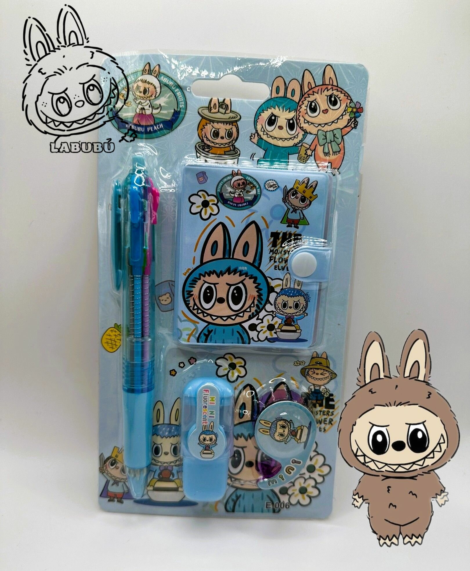 Канцелярский набор " Лабубу " (блокнот, ручка, скотч, текстовыделитель), голубой