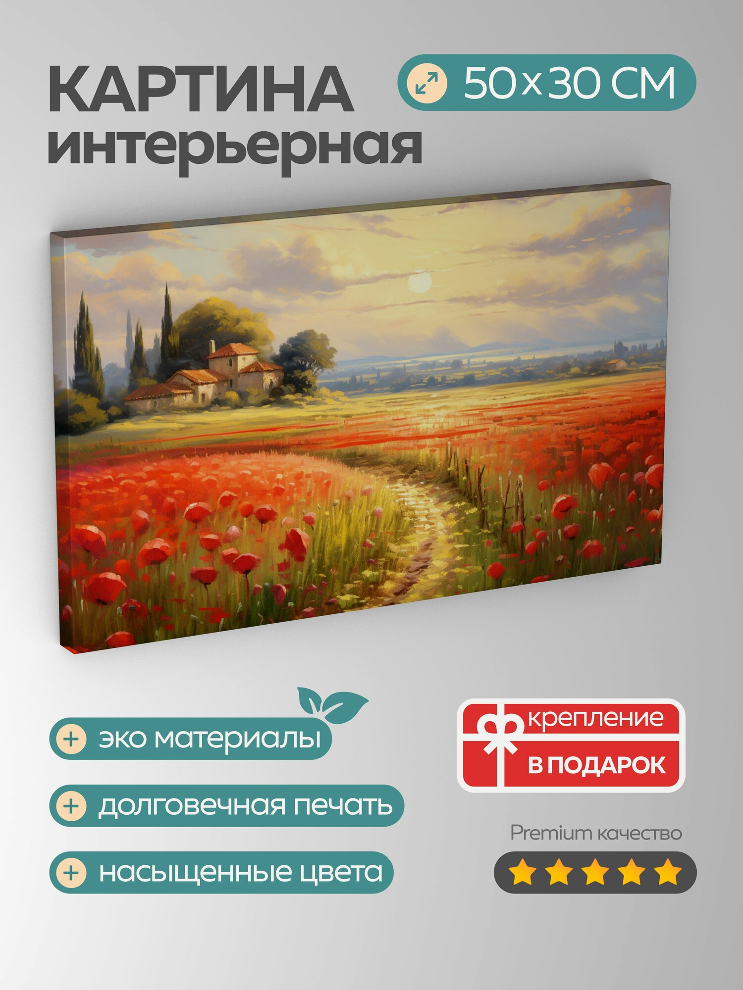 Картина на холсте интерьерная 50х30 см, картина, масло, пейзаж, свет, луг, маки, контраст, трава, солнце, сияние