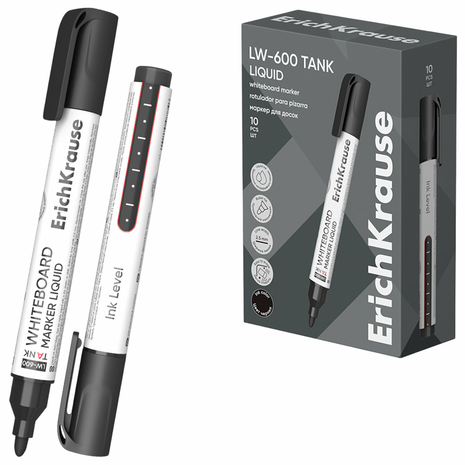 Маркер стираемый для доски с жидкими чернилами ERICH KRAUSE LW-600 "Tank Liquid", черный, 2,5 мм, 48774 (цена только за 1 шт.)