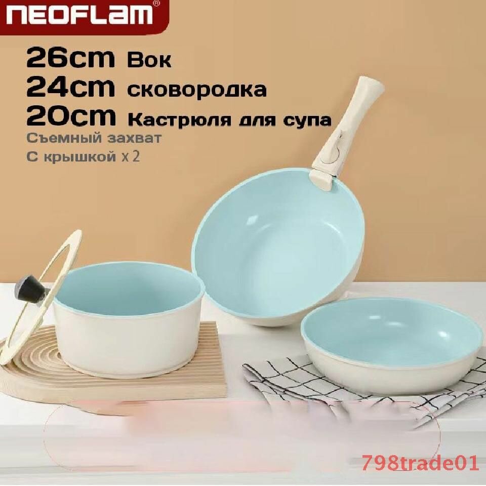 Сковорода глубокая с усиленным покрытием и индукцией Три штуки, Neoflam 24CM, Съемная ручка/синий
