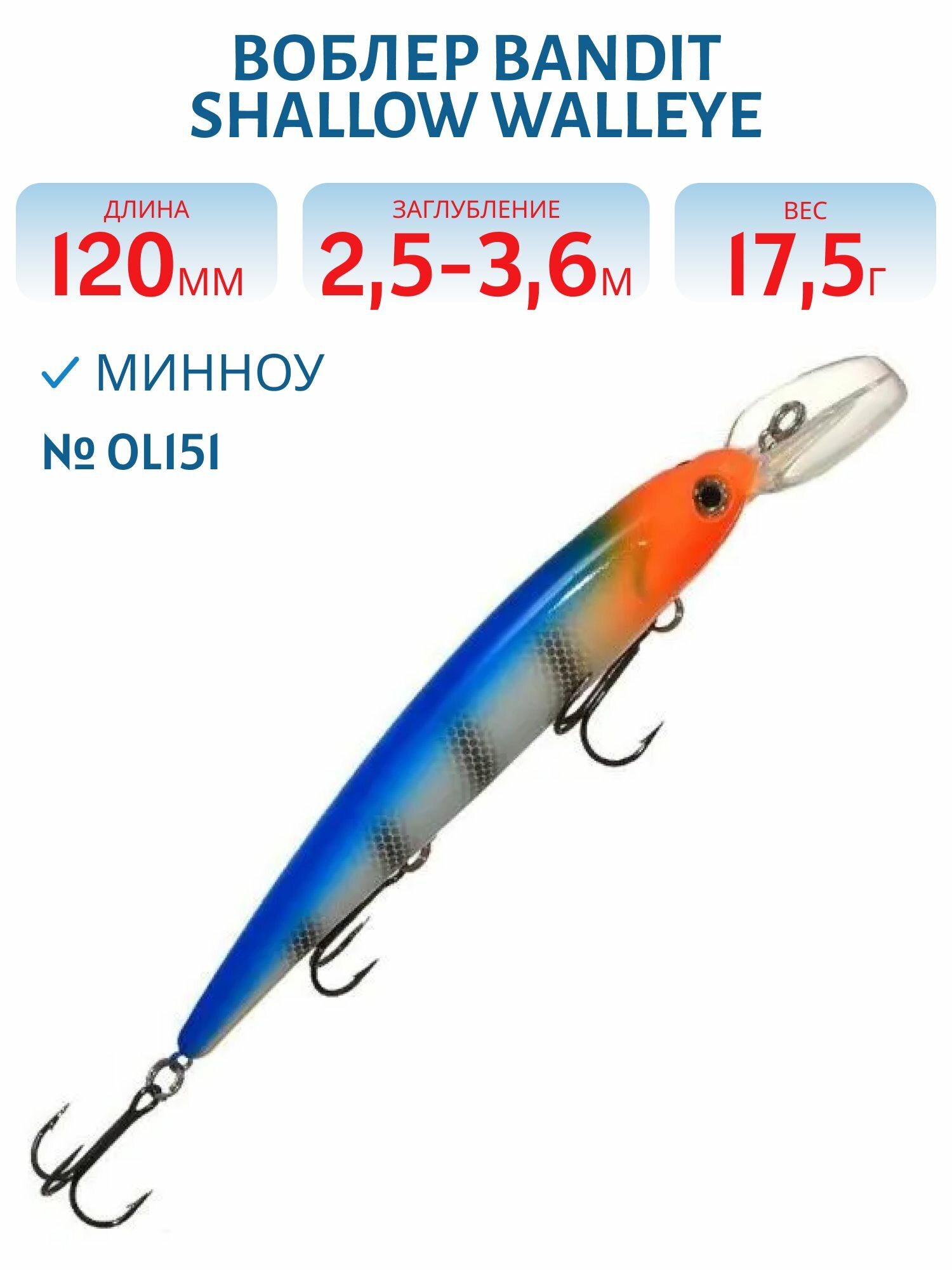 Воблер BANDIT SHALLOW WALLEYE, 120 мм, 17,5 гр, цвет OL151
