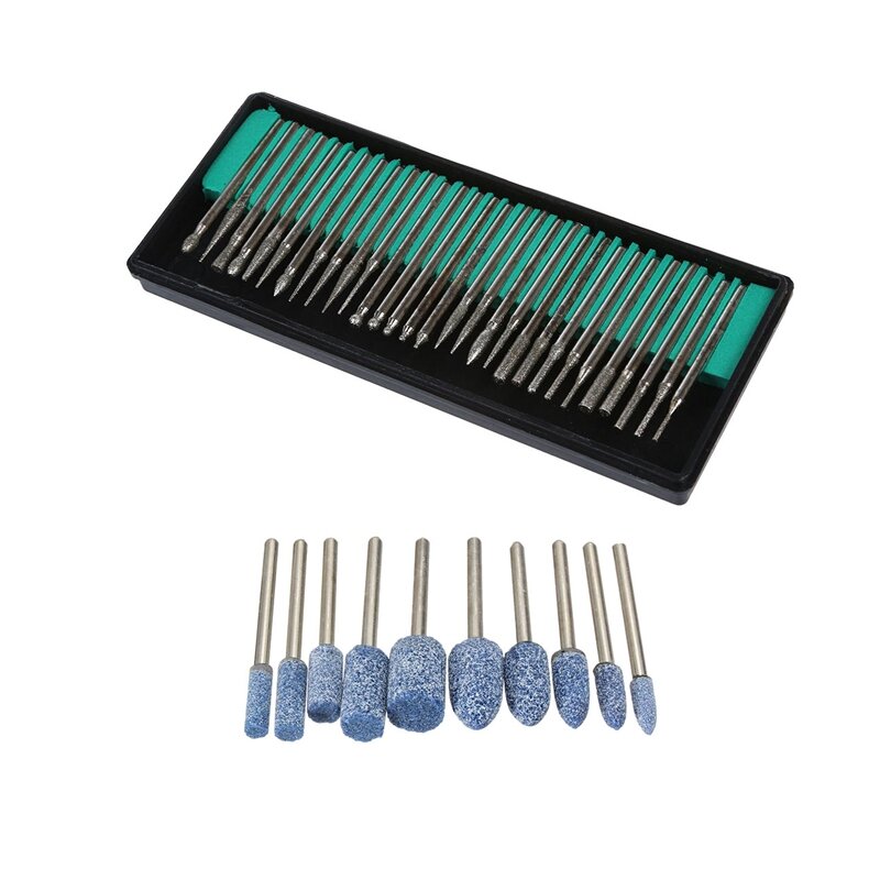 30 шт. алмазных боров для вращающегося инструмента, сверло с хвостовиком 3 мм и 10 шт. шлифовального круга для вращающегося инструмента с синим абразивом и хвостовиком 1/8