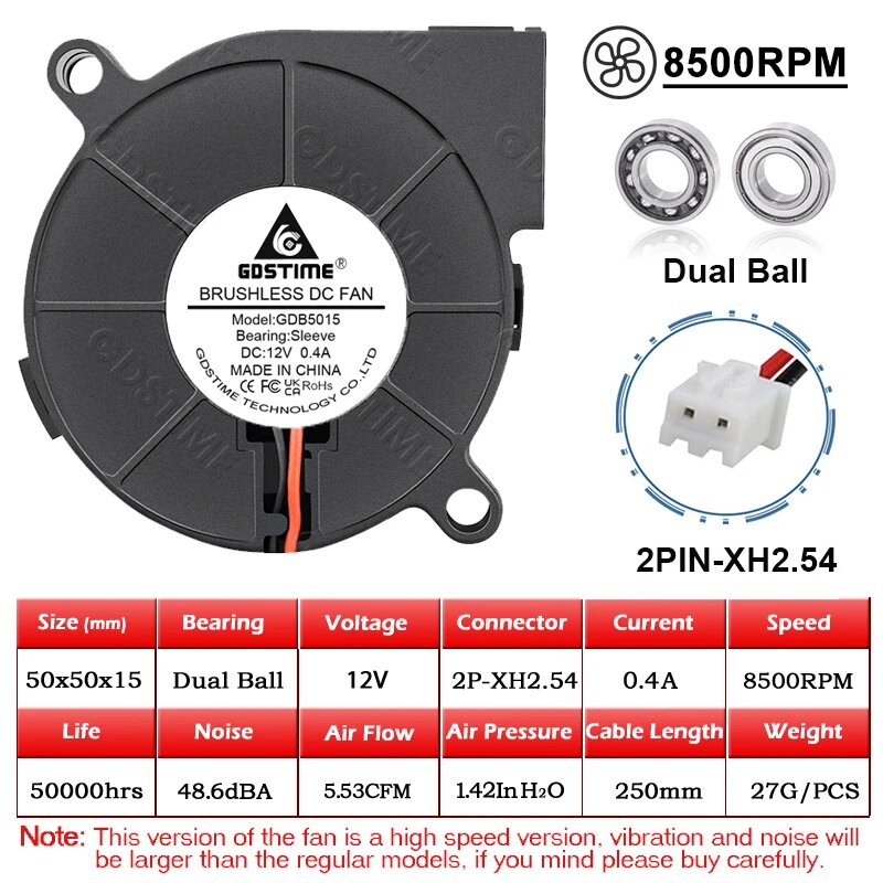 Gdstime 5015 12V 8500RPM Dual Ball вентилятор