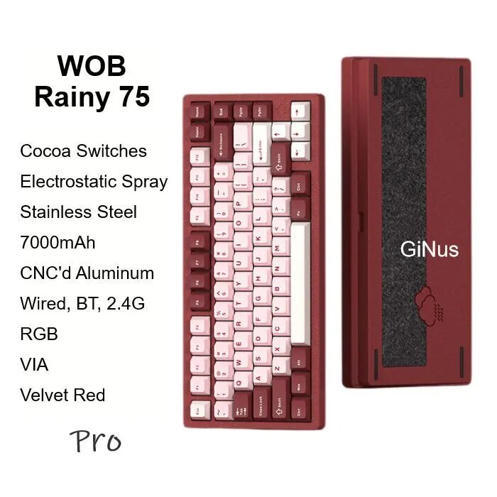 Игровая клавиатура беспроводная Rainy75 Pro, VelvetRed, RGB, CocoaSwitches, ElecSpray, Английская раскладка, коричнево-красный