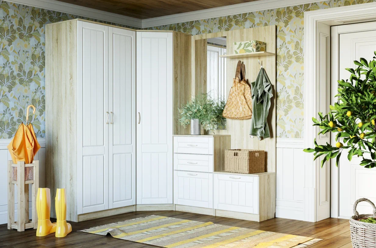 Прихожая Сильва Оливия комплектация 5 (НМ 040.60+НМ 014.11 ПР+НМ 040.45+НМ 040.49+НМ 040.47+НМ 040.59) Белое дерево, дуб сонома