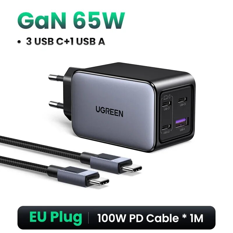 Зарядное UGREEN 65W GaN EU, 3 USB-C + 1 USB-A, кабель 1M