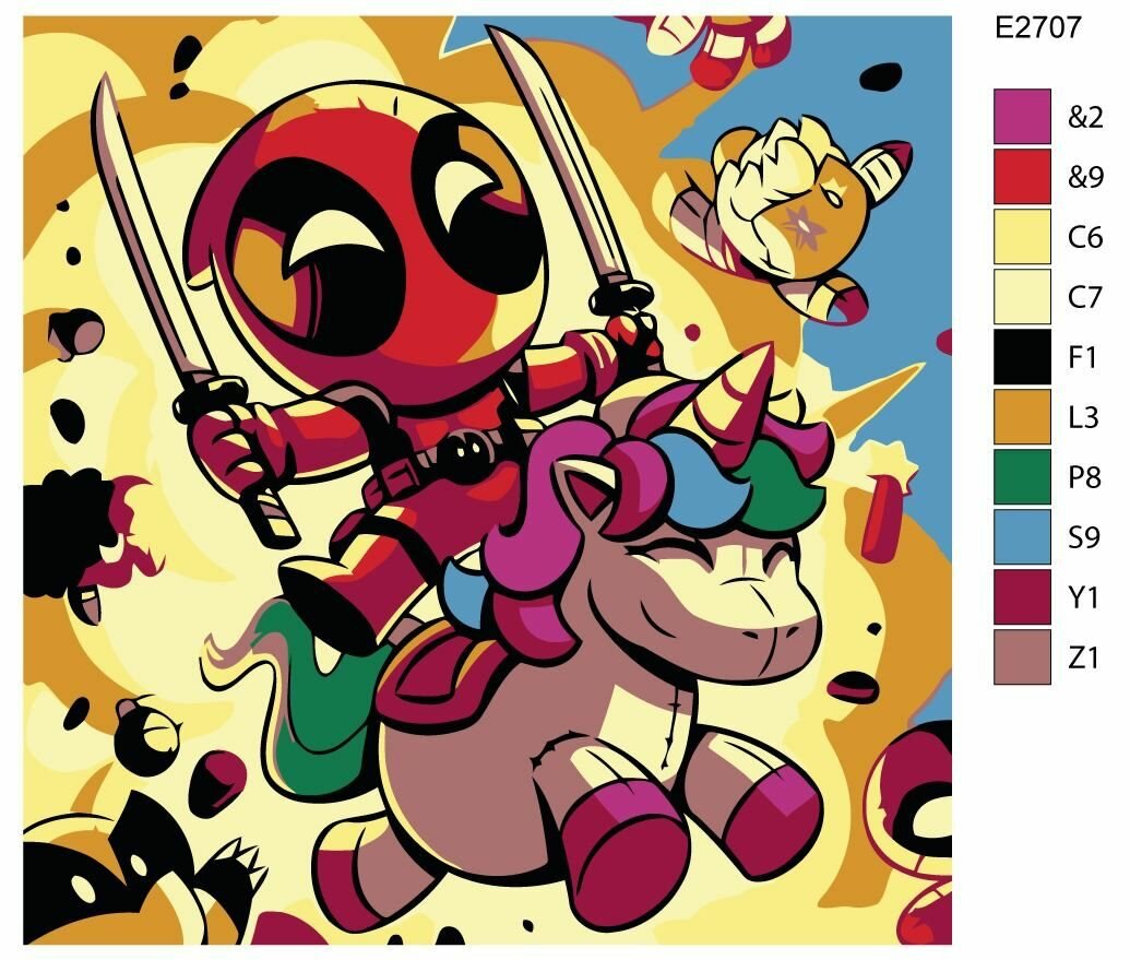 Детская картина по номерам E2707 "Чиби Дэдпул на единороге" 30x30