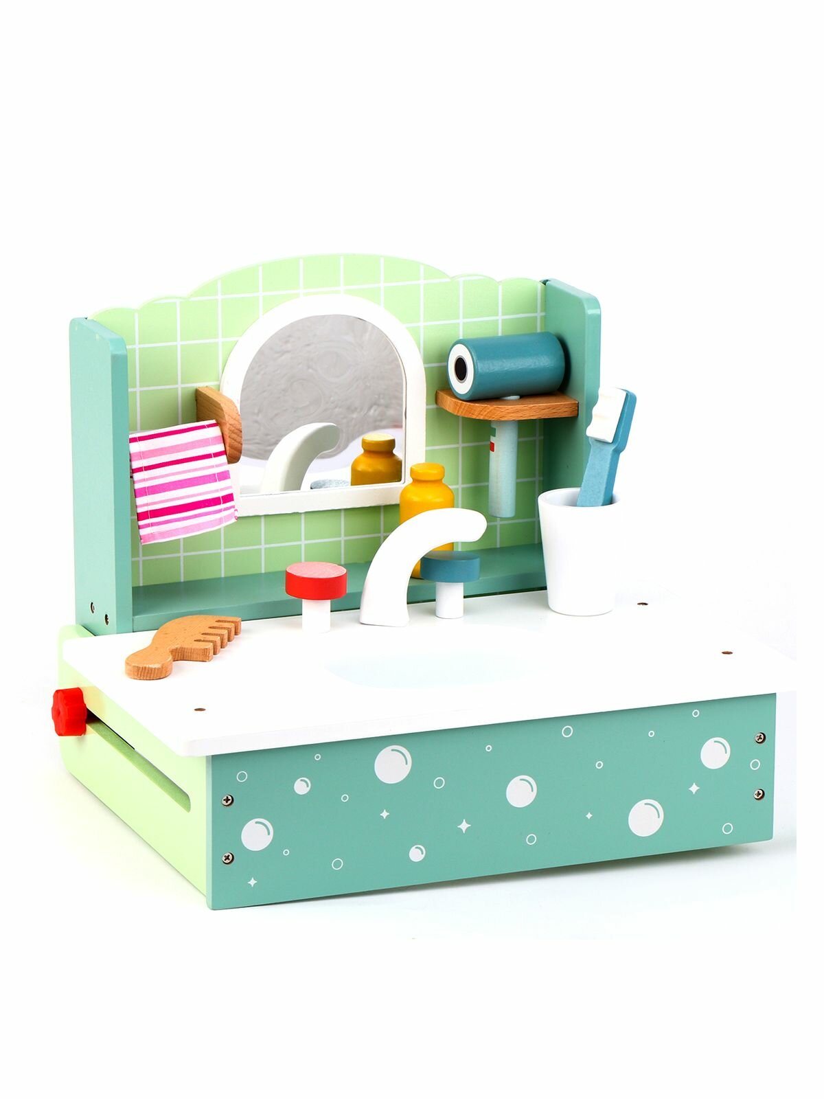 Развивающий игровой набор "Умывальник", деревянный игровой модуль с принадлежностями для сюжетно-ролевых игр, детская игрушечная мебель, 26.5х25.5х33.5 см