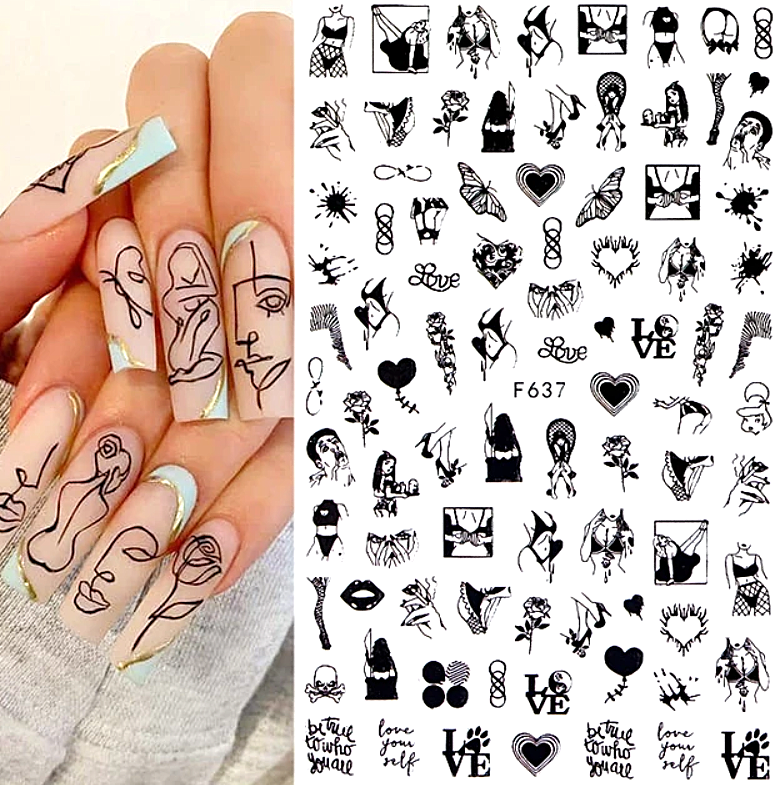 Наклейки виниловые для ногтей "F637" / лист слайдеров 12.2см*7.6см