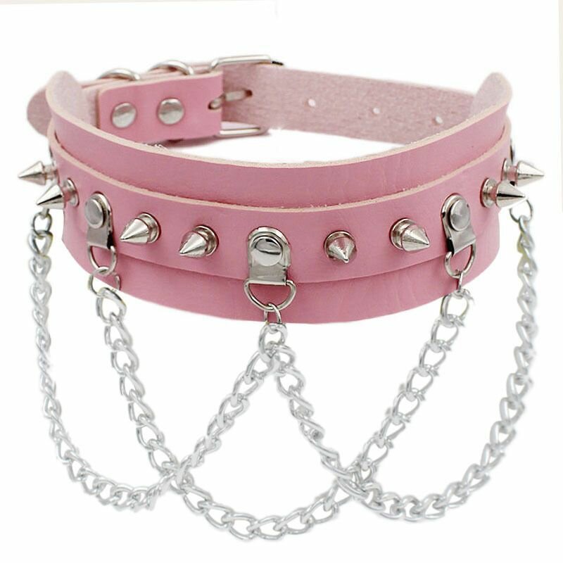 Чокер с шипами и цепями кожаный