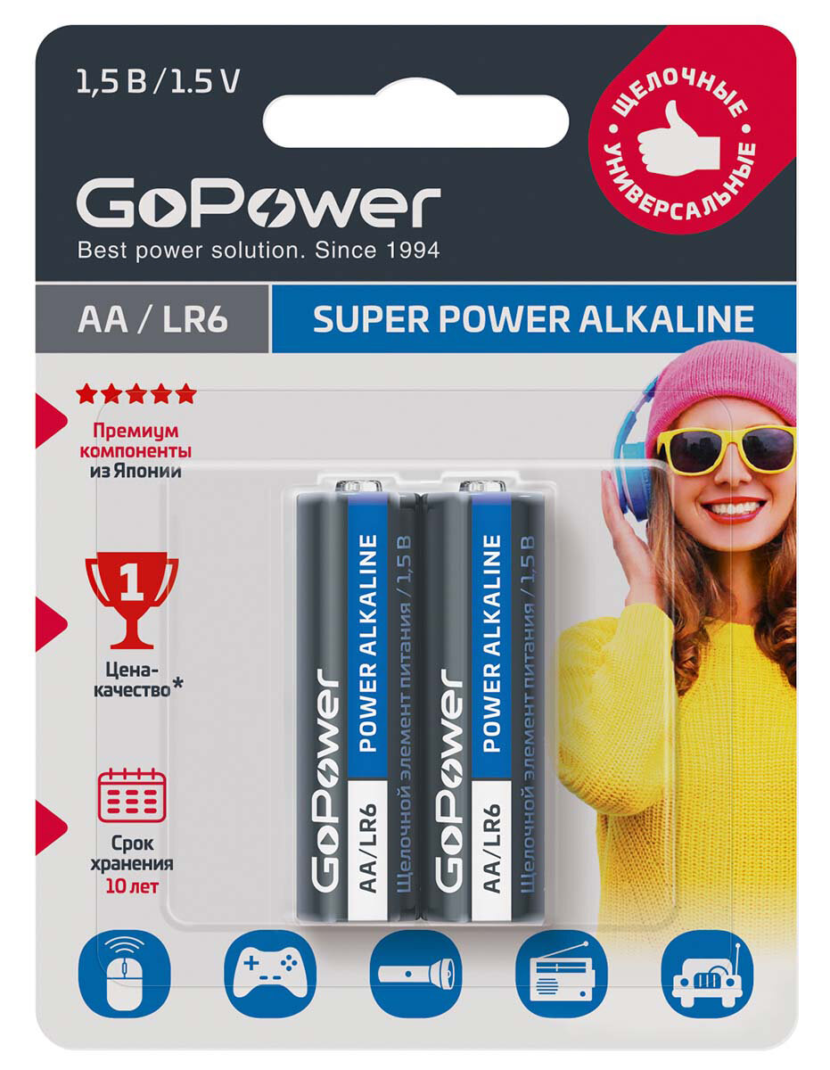 00-00019861 Super Power Alkaline Элемент питания AA/LR6 щелочной 1.5В, 2шт, GoPower