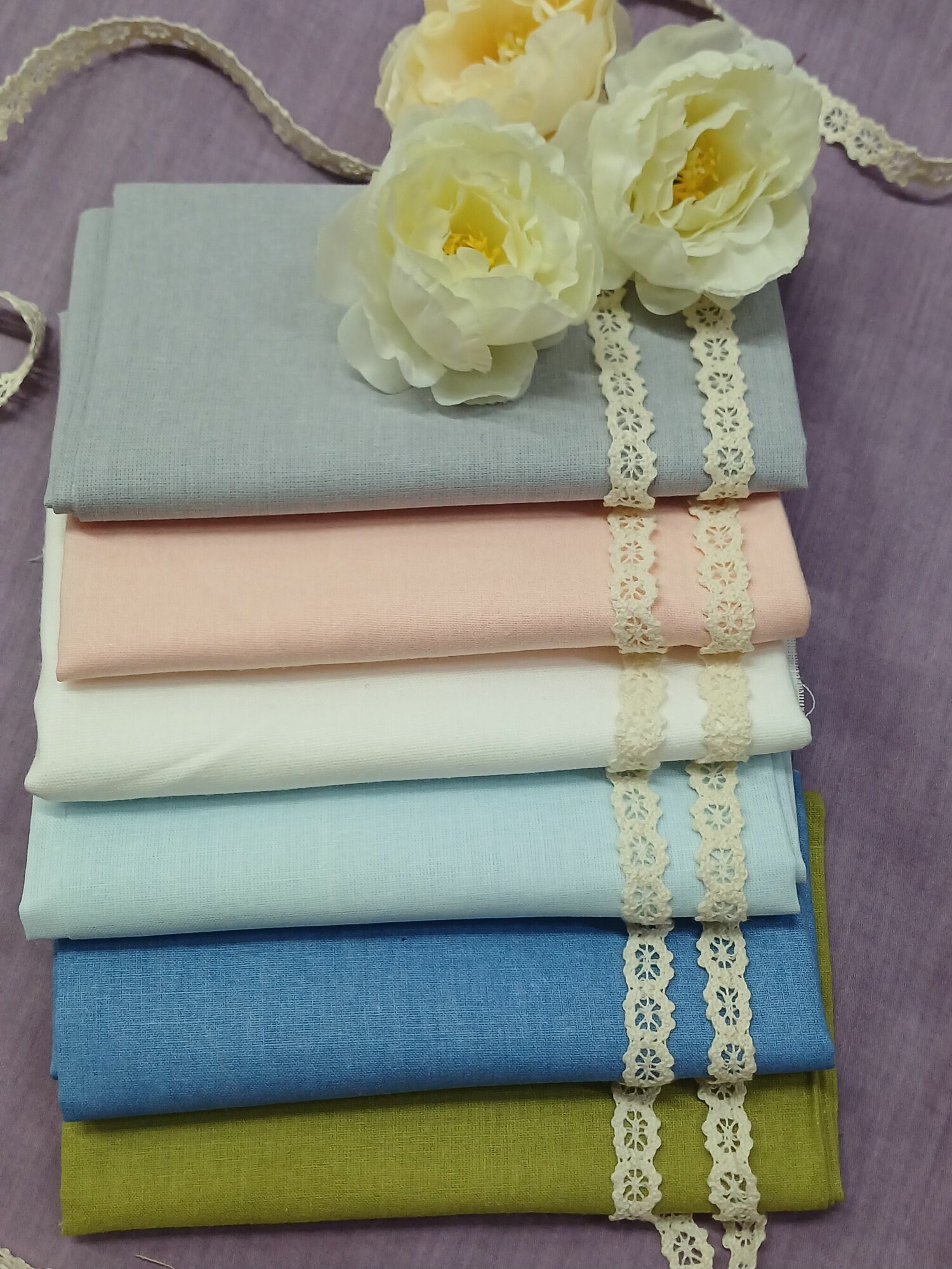 Ткань для пэчворка и лоскутного шитья, набор из 6 однотонных лоскутов 50х40см, 100%хлопок