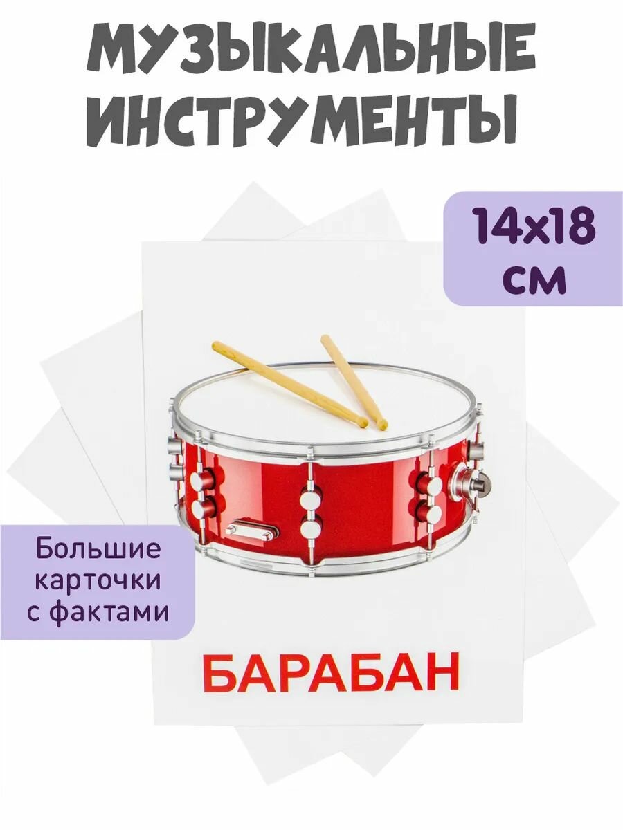 Обучающие карточки Домана "Музыкальные инструменты" Всезнайка KoroBoom, 20 больших плотных развивающих для самых маленьких с фактами и реалистичными картинками для малышей, 180 х 140 мм