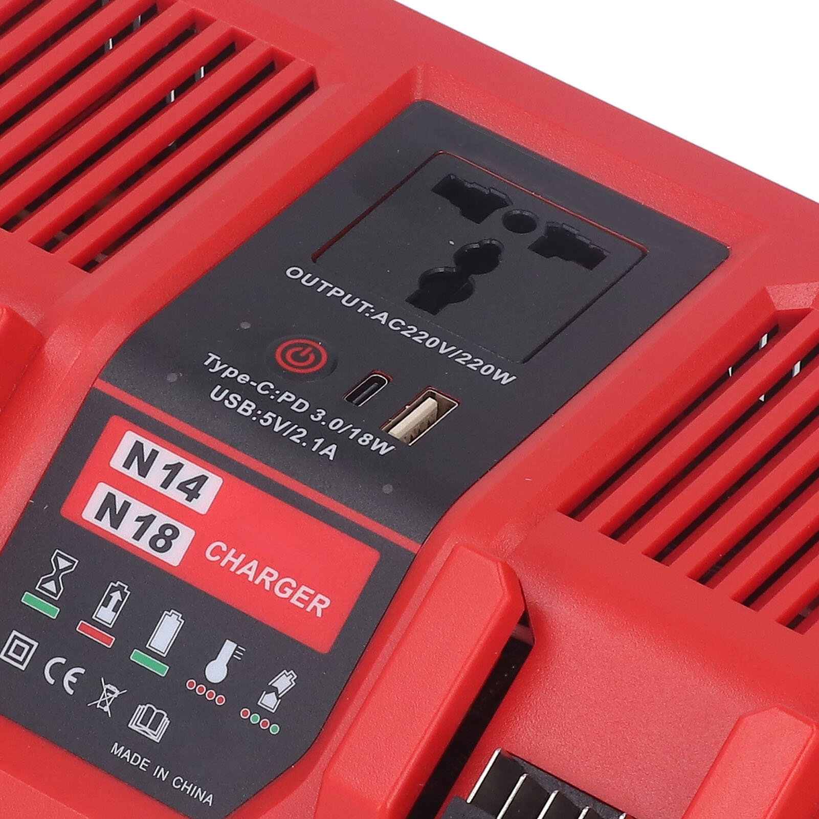 Зарядное устройство 18В 2 порта, вход 50-60Гц, выход 5А, инвертор 220Вт