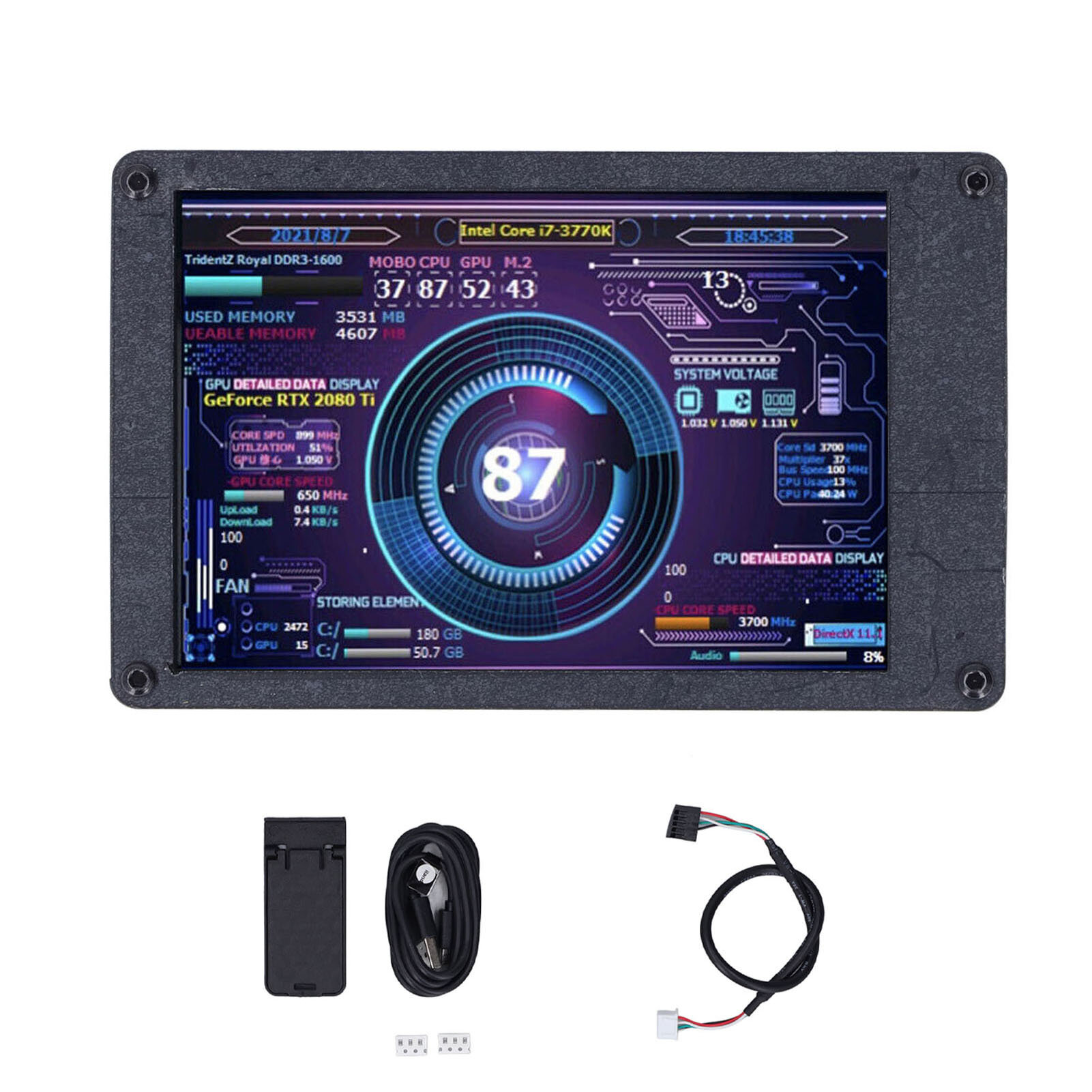 3,5-дюймовый IPS USB мини-экран с регулируемой яркостью, монитором температуры ЦП и ОЗУ для ПК с ОС Windows с кабелем для материнской платы