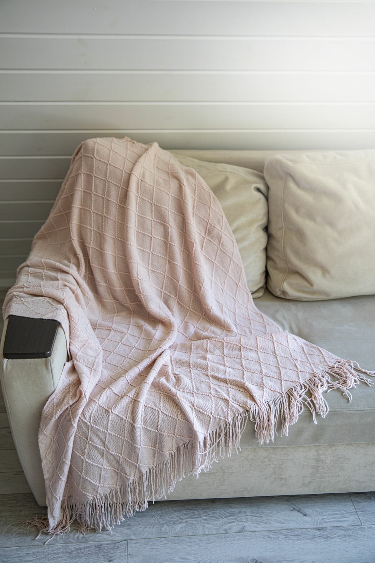 Плед покрывало декоративное Скандинавский стиль, однотонное, вязаный, DAO Home, 170х130 см, - Розовый