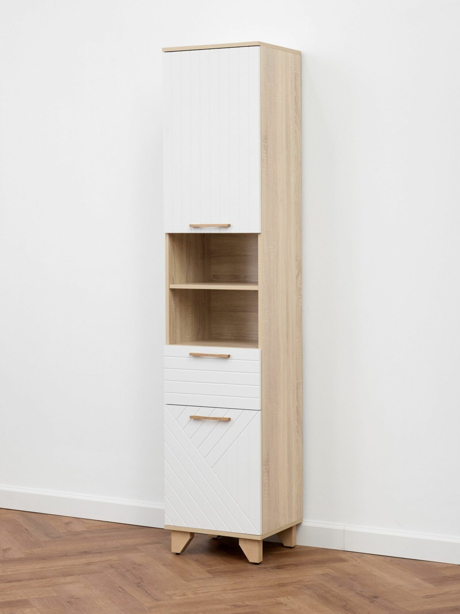 Шкаф пенал Копенгаген с нишей Дуб Сонома / Белый матовый левый (12 Стульев)