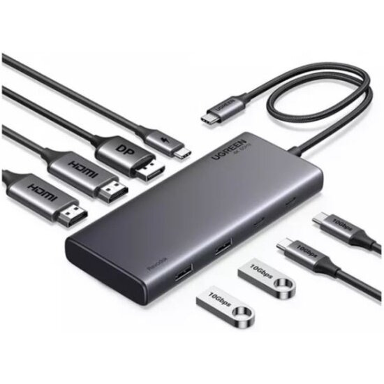 Хаб (разветвитель) Ugreen CM639 (35625) 8 в 1: 4Kх60Гц, USB-C - 2хUSB-A 3.2+2хUSB-C 3.2+2хHDMI+DP+PD, серый (35625)