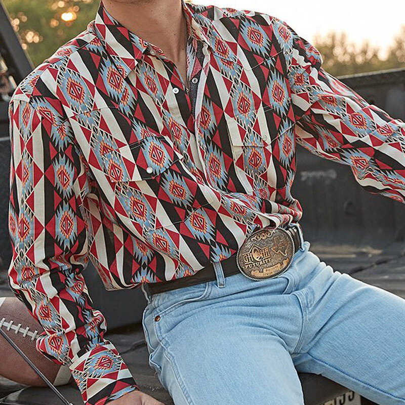 Вестерн ковбой тренд ретро молодежная мужская панк цифровая печать двойной карман мужская рубашка