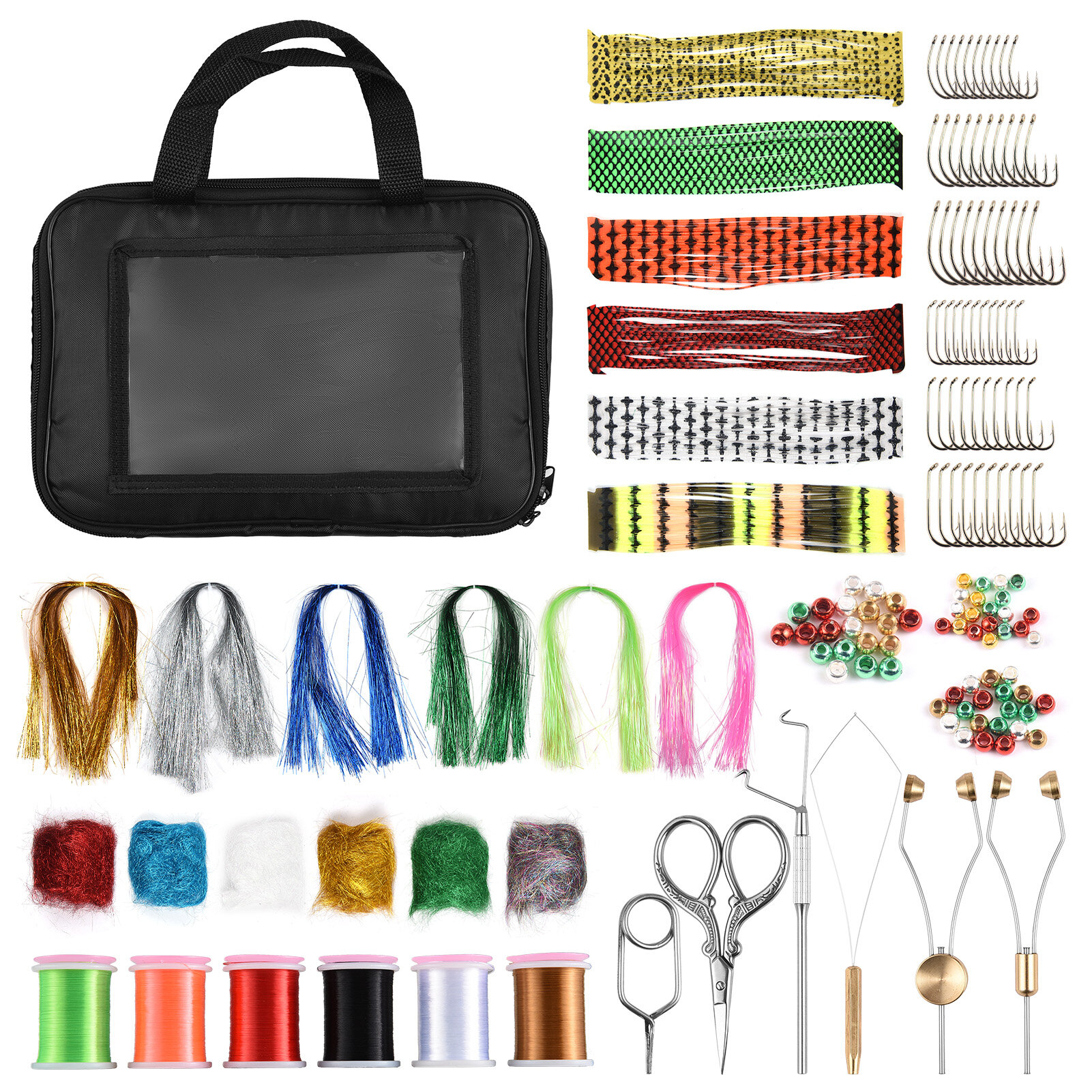 Набор из 150 инструментов и материалов для вязания мушек для начинающих рыболовов.
