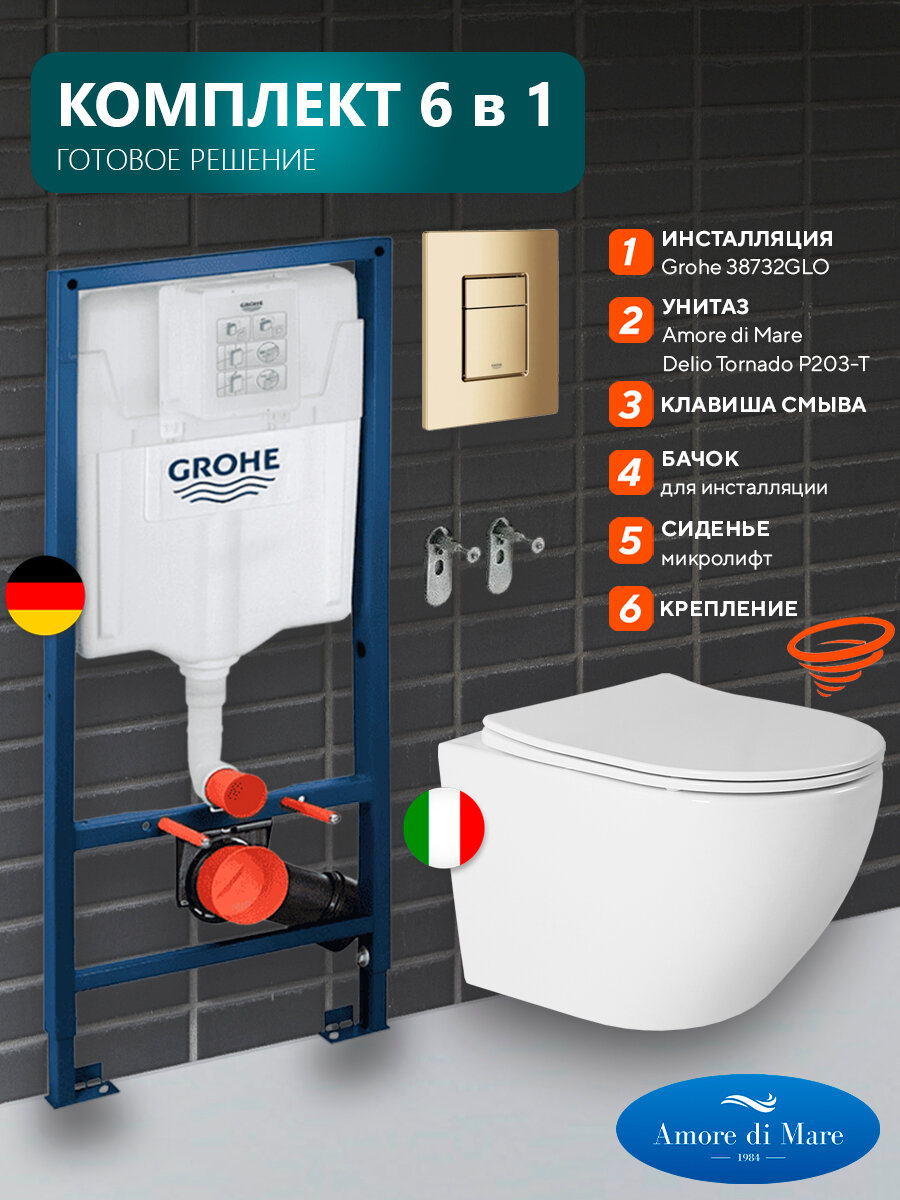 Инсталляция с унитазом 6 в 1: инсталляция Grohe 38732GLO+унитаз Amore di Mare Delio Tornado P203-T+сиденье микролифт