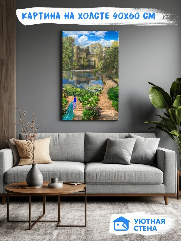 Картина на натуральном холсте Уютная стена "Пруд у каменного замка" 40х60 см