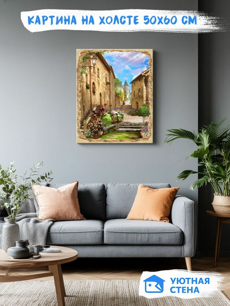 Картина на натуральном холсте Уютная стена "Дыра в стене со старинной улицей" 50х60 см