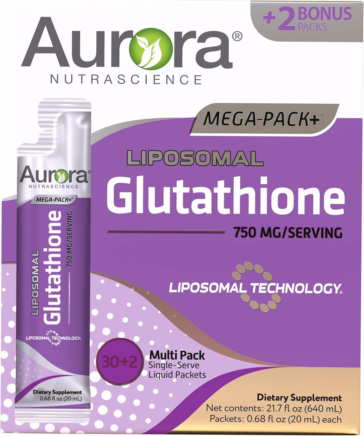 Aurora Nutrascience, Liposomal Glutathione Mega-Pack+, мегалипосомальный глутатион с витамином C, 32 пакетика по 20 мл
