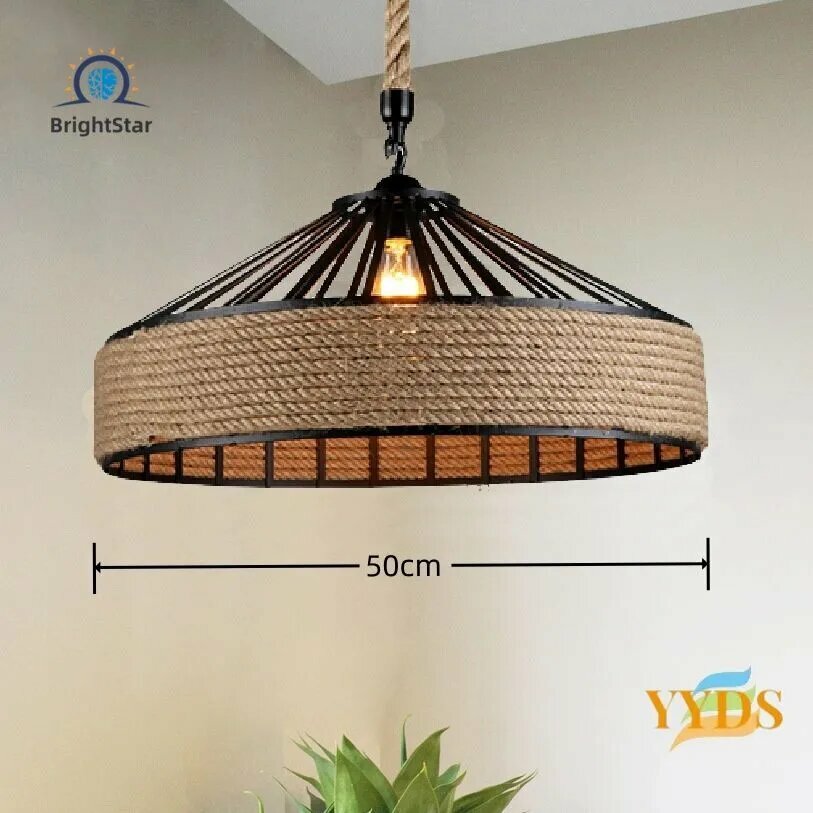 Люстра из металлического каркаса и пеньковой веревки, ретро, диаметром 50 см (светодиодная лампа в комплекте).