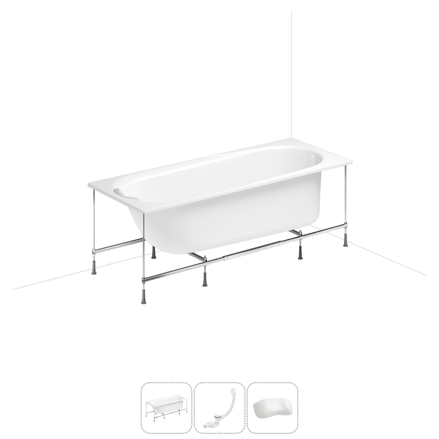 Акриловая ванна 150x70 с каркасом Lavinia Boho Biore 20220882R в наборе 4 в 1: прямоугольная ванна 150 x 70 см, каркас, слив-перелив, подголовник