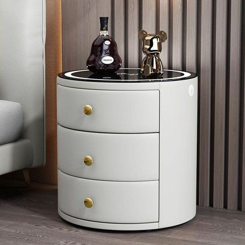 Прикроватная тумбочка Smart round из массива дерева с тремя выдвижными ящиками, беспроводная зарядка, трехцветная подсветка, USB-зарядка