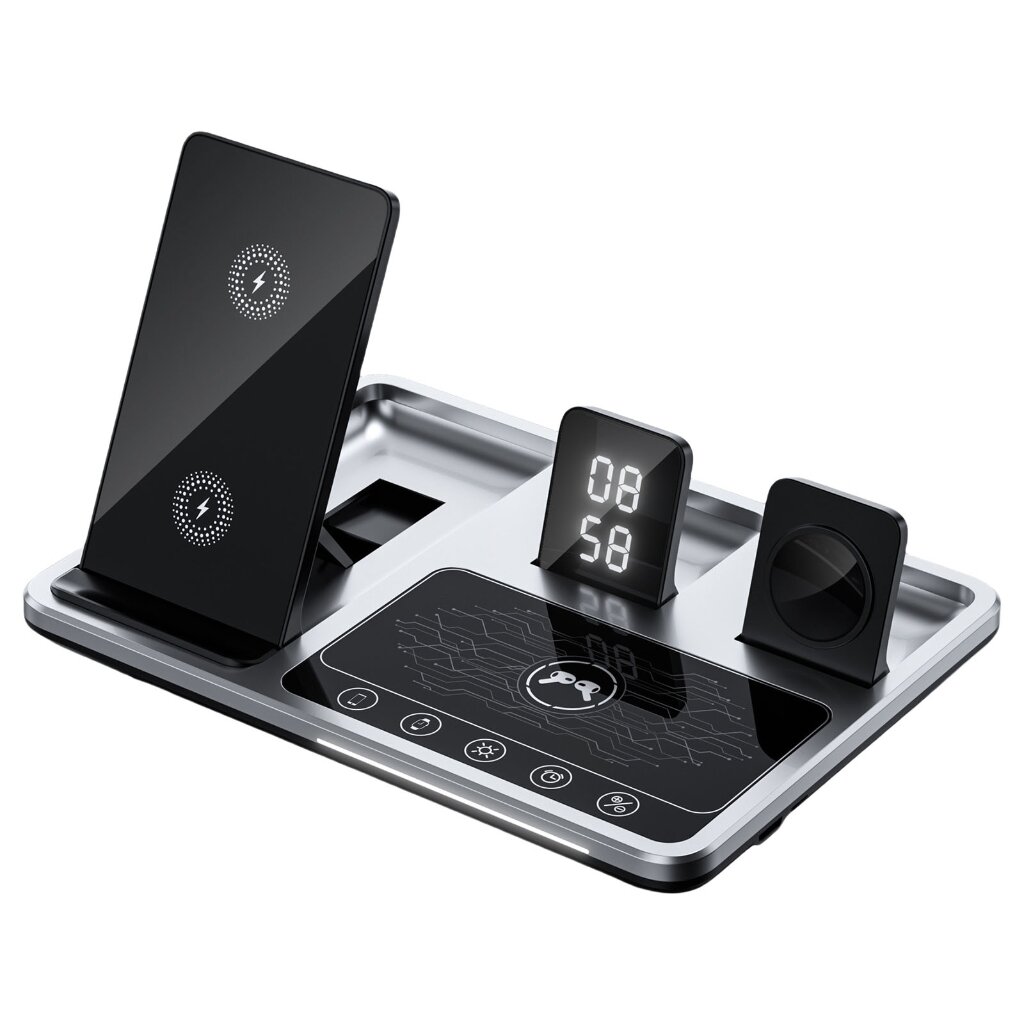 Решение для питания нескольких устройств. Складная подставка беспроводной зарядки 4-в-1. Зарядная док-станция эффективной зарядки.