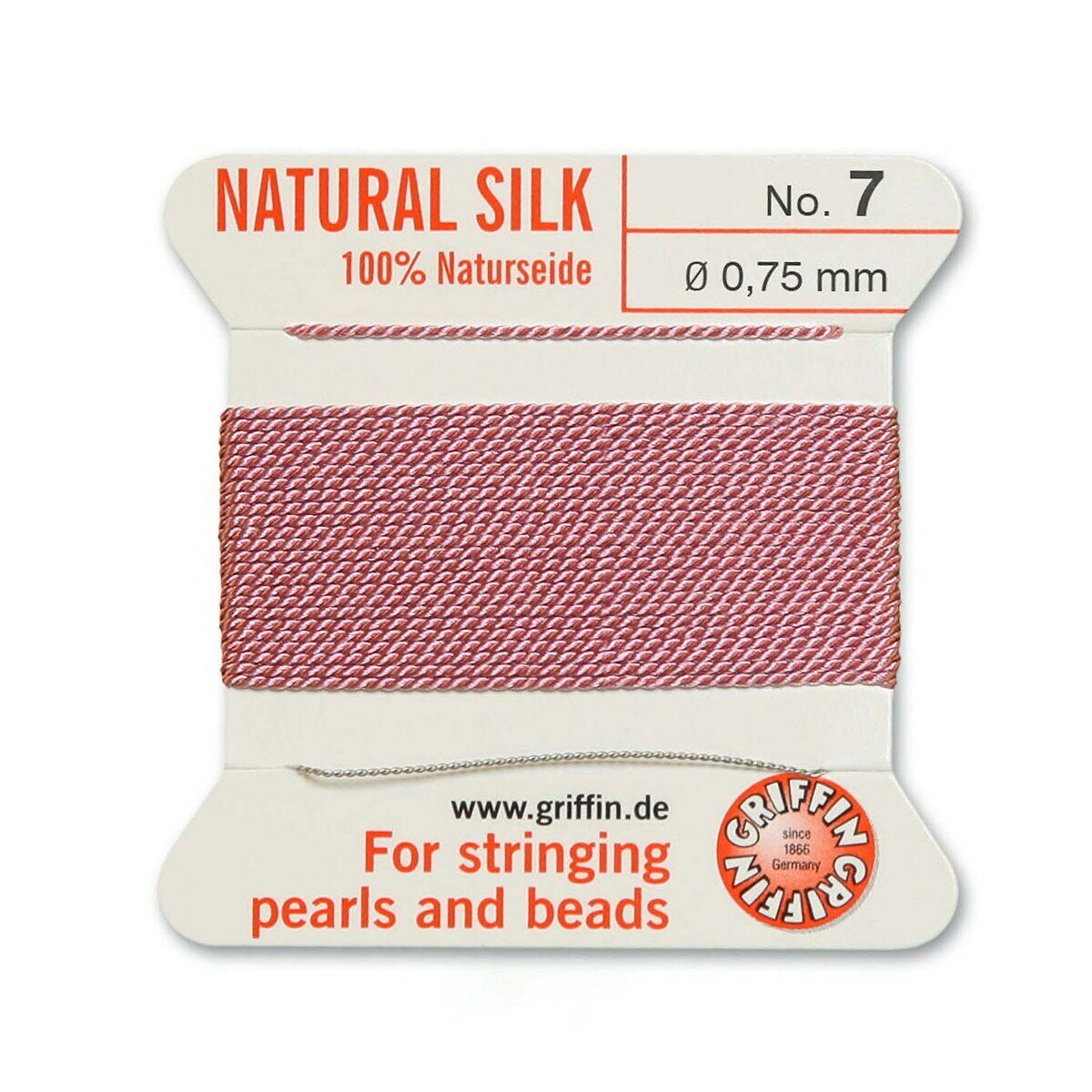 Нить шелковая, Griffin No.7 (0.75 мм), цвет вялая роза, с иглой, моток, 2 метра