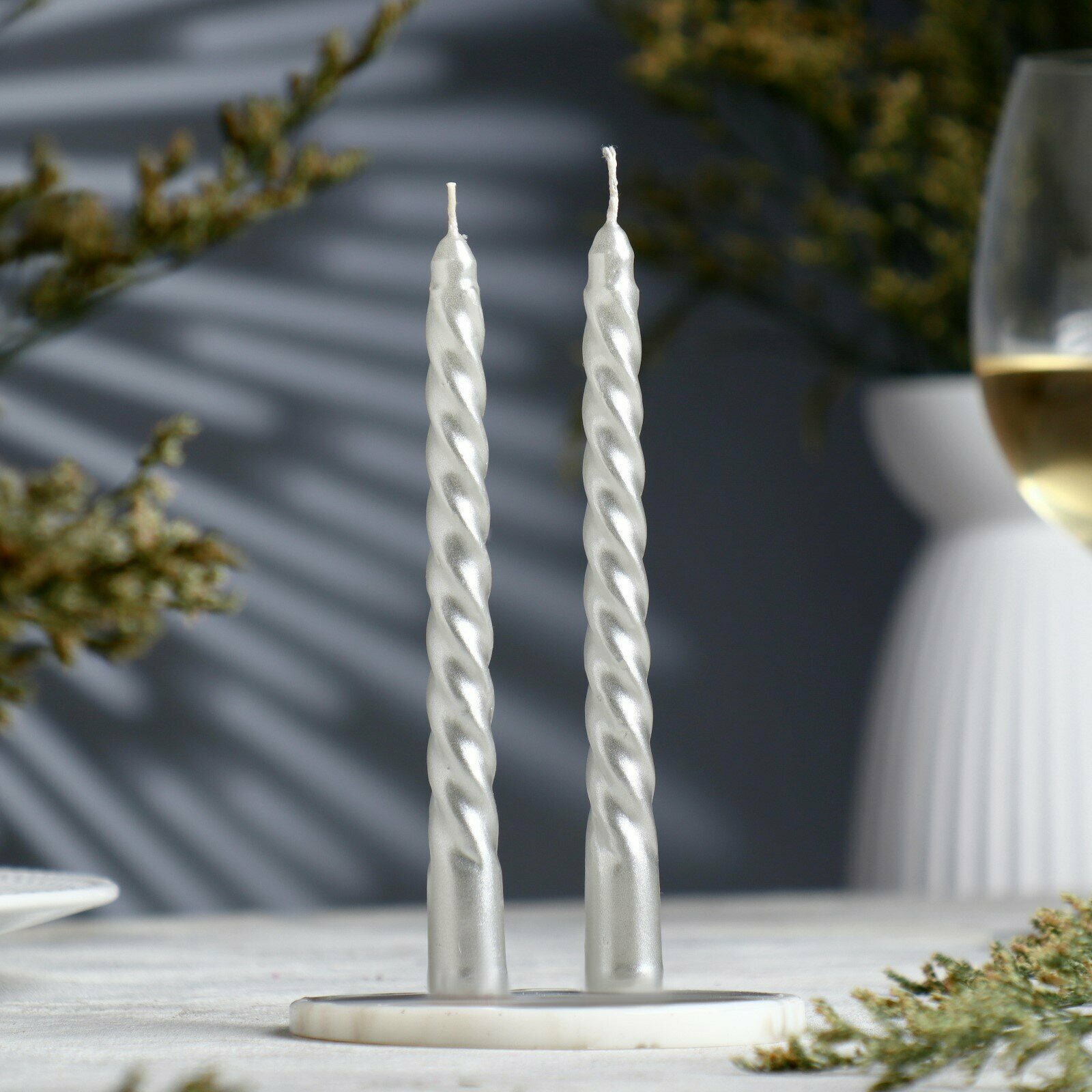 Набор свечей Дарим красиво "Серебро", витые, 15 см, набор 6 шт, без аромата