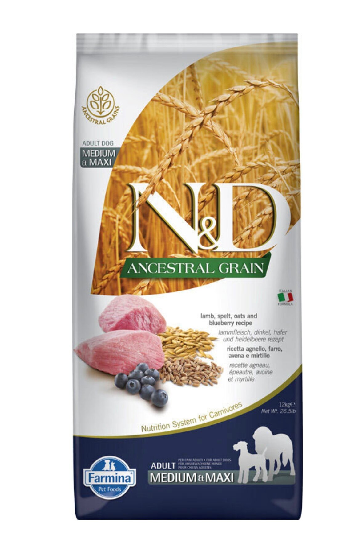Корм сухой FARMINA ND ANCESTRAL GRAIN DOG Lamb Blueberry Adult MEDIUM MAXI для взрослых собак средних и крупных пород с ягнёнком, 12кг